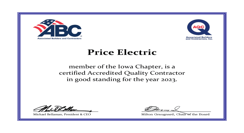 2023 Accredited Quality Contractor for Nine Years by ABC – Price Electric